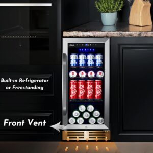 Velieta 15'' Beverage Refrigerator and Beer Fridge Under Counter Built-in or Freestanding,127 Cans Beverage Cooler with Glass Door and Lock for Bottles and Cans Beer/Soda/Water/Wine