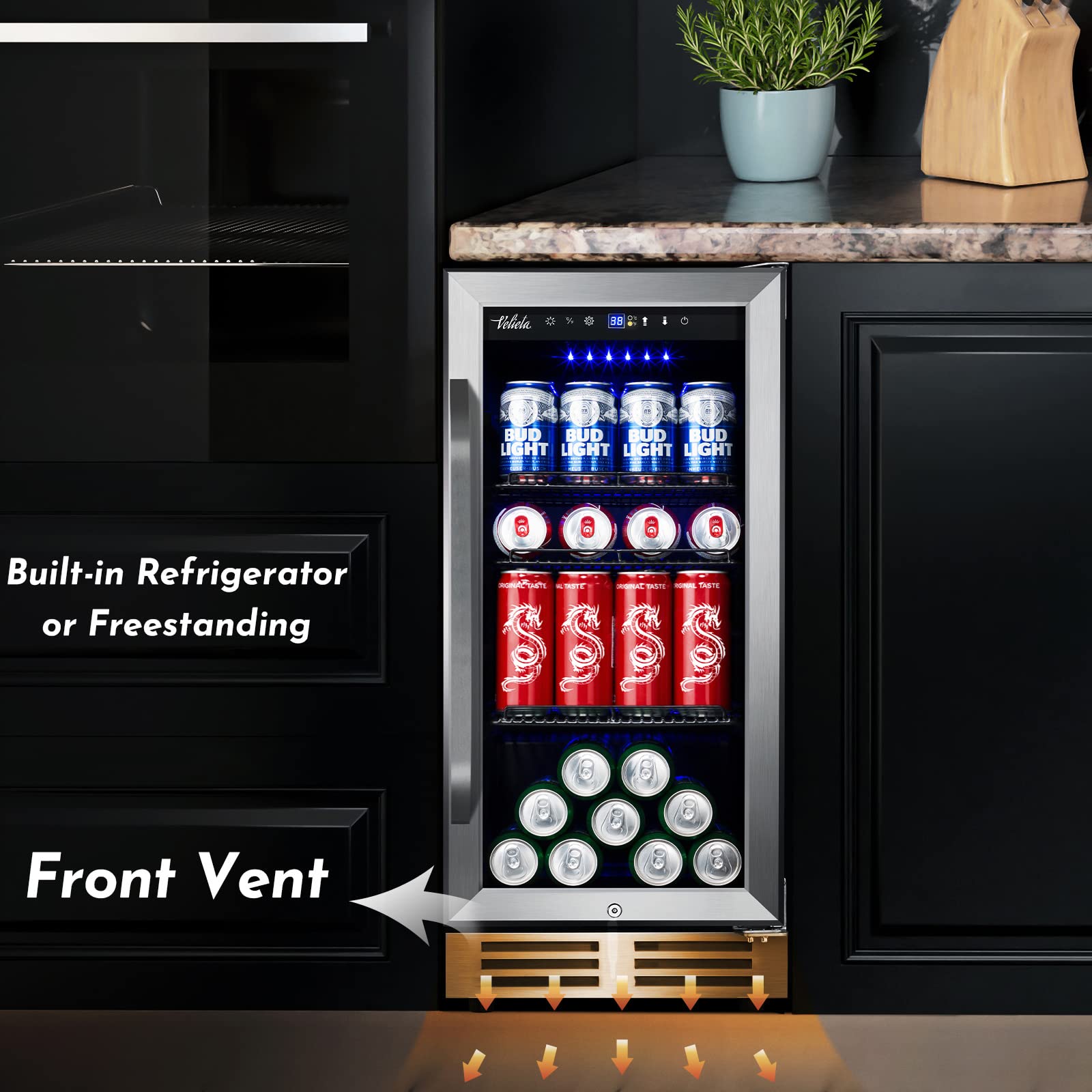 Velieta 15'' Beverage Refrigerator and Beer Fridge Under Counter Built-in or Freestanding,127 Cans Beverage Cooler with Glass Door and Lock for Bottles and Cans Beer/Soda/Water/Wine