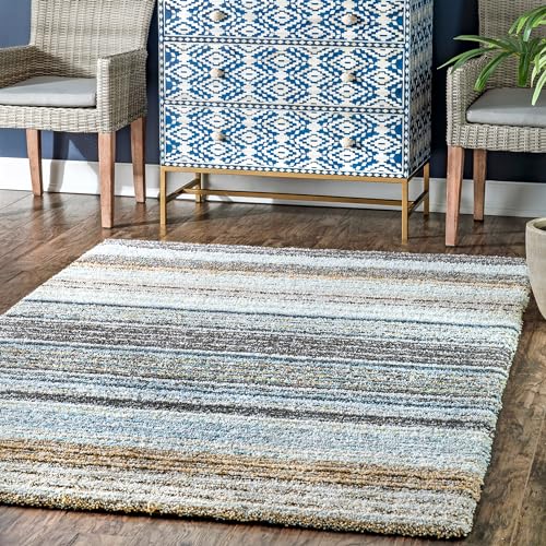 nuLOOM Drey Striped Shag Area Rug - 8x10 Shag Area Rug Casual Teal/Ivory Rugs for Living Room Bedroom Dining Room Nursery