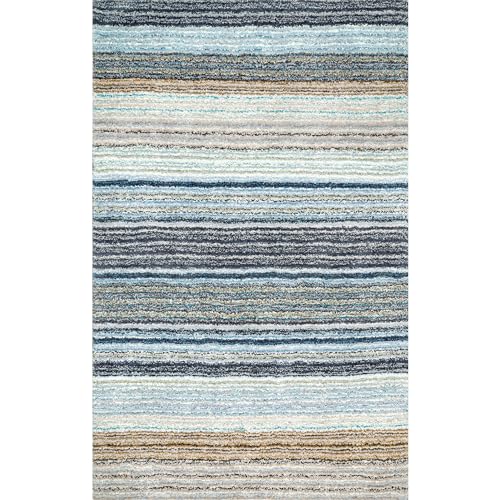 nuLOOM Drey Striped Shag Area Rug - 8x10 Shag Area Rug Casual Teal/Ivory Rugs for Living Room Bedroom Dining Room Nursery