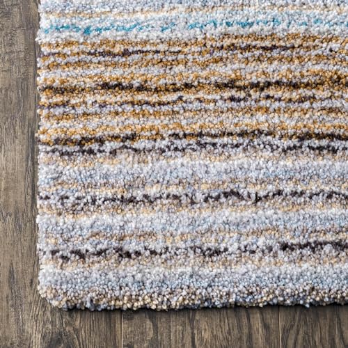 nuLOOM Drey Striped Shag Area Rug - 8x10 Shag Area Rug Casual Teal/Ivory Rugs for Living Room Bedroom Dining Room Nursery