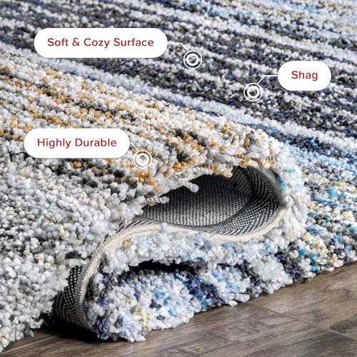 nuLOOM Drey Striped Shag Area Rug - 8x10 Shag Area Rug Casual Teal/Ivory Rugs for Living Room Bedroom Dining Room Nursery