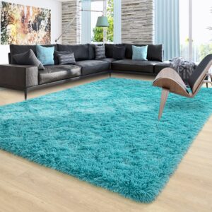 ompaa teal blue 8x10 feet large area rugs fluffy living room carpet, wall to wall big shag turquoise rug for bedroom kids playroom classroom nursery home office decor