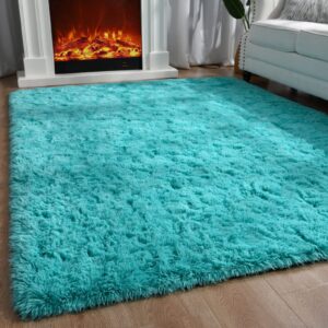 Ompaa Teal Blue 8x10 Feet Large Area Rugs Fluffy Living Room Carpet, Wall to Wall Big Shag Turquoise Rug for Bedroom Kids Playroom Classroom Nursery Home Office Decor