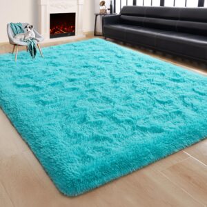 rostyle fluffy teal blue 5x8 area rugs for living room,large living room carpet,big shaggy rugs for bedroom,thick fuzzy dorm rug,soft indoor floor rug for kids room decor aesthetic