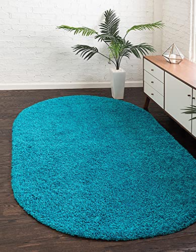 Rugs.com - Über Cozy Solid Shag Collection Rug – 8' x 10' Oval Turquoise Shag Rug Perfect for Living Rooms, Large Dining Rooms, Open Floorplans