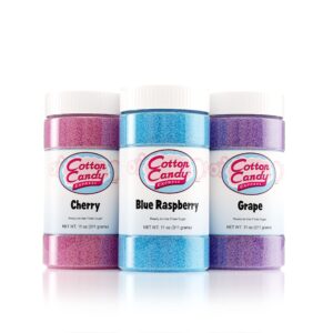 cotton candy express floss sugar variety pack with 3 - 11oz plastic jars of cherry, blue raspberry & grape flossing sugars. use with cotton candy express countertop machine