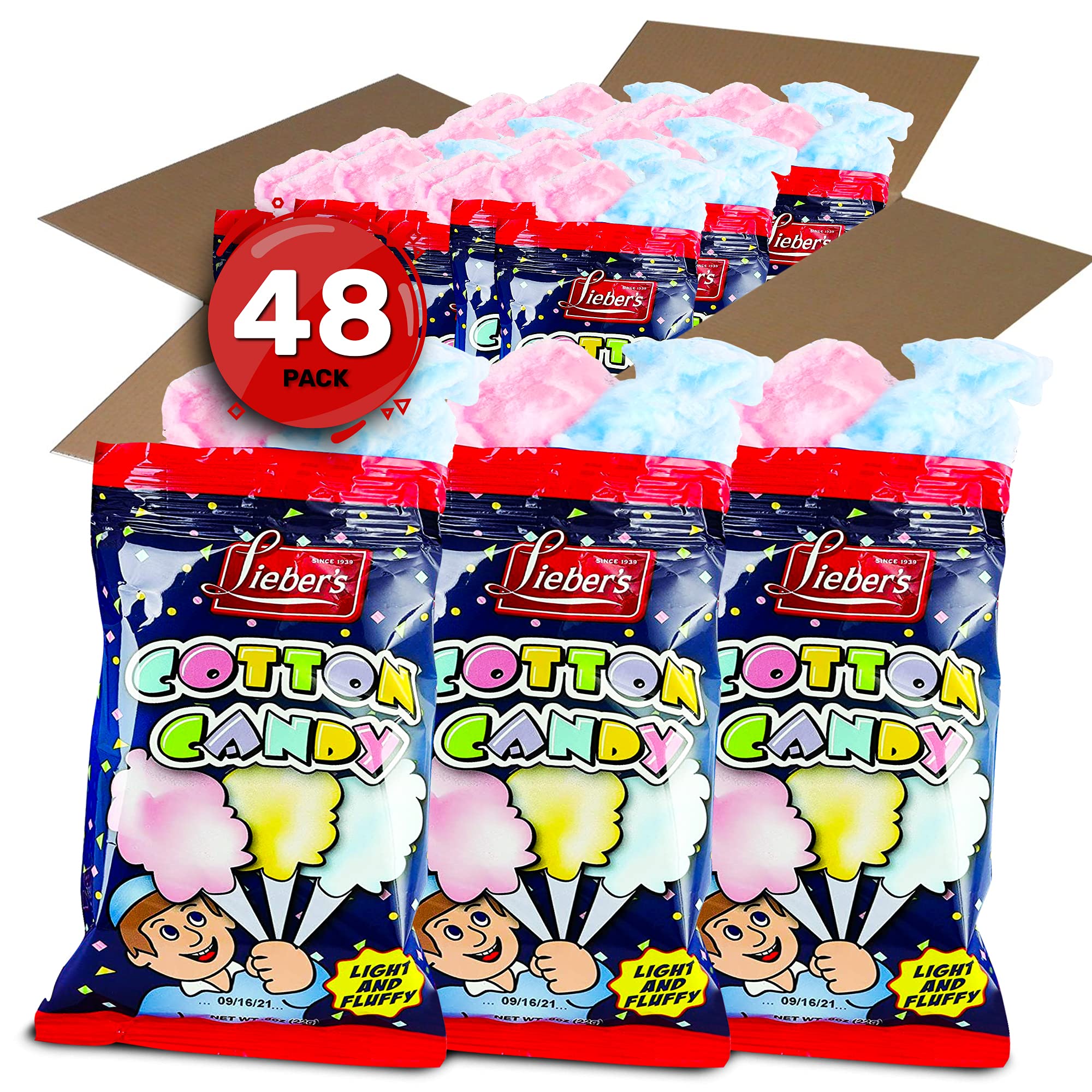 Lieber's Cotton Candy | 48 Pack of Light & Fluffy Vintage Candy | Blue & Red Carnival Birthday Party Favors Treats Supplies for Kids, Kosher | 0.8 Ounce Bags (48 Pack)