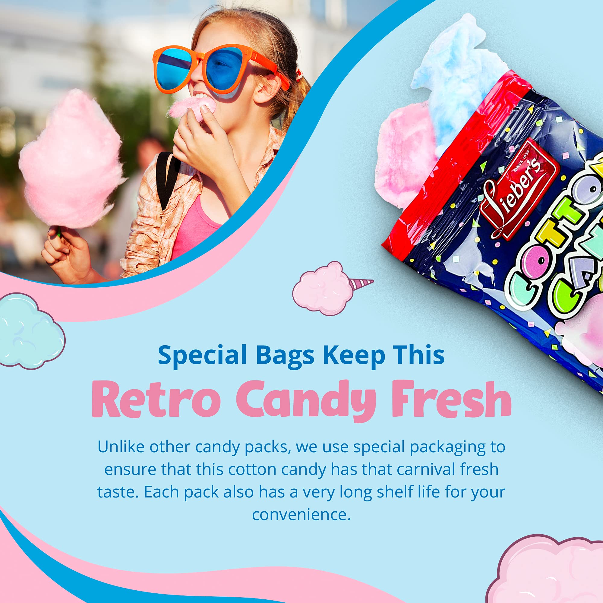 Lieber's Cotton Candy | 48 Pack of Light & Fluffy Vintage Candy | Blue & Red Carnival Birthday Party Favors Treats Supplies for Kids, Kosher | 0.8 Ounce Bags (48 Pack)