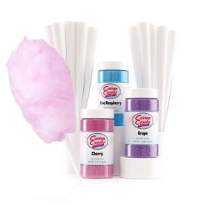 cotton candy express floss sugar variety pack with 3 - 11oz plastic jars of cherry, blue raspberry & grape flossing sugars plus 50 paper cotton candy cones