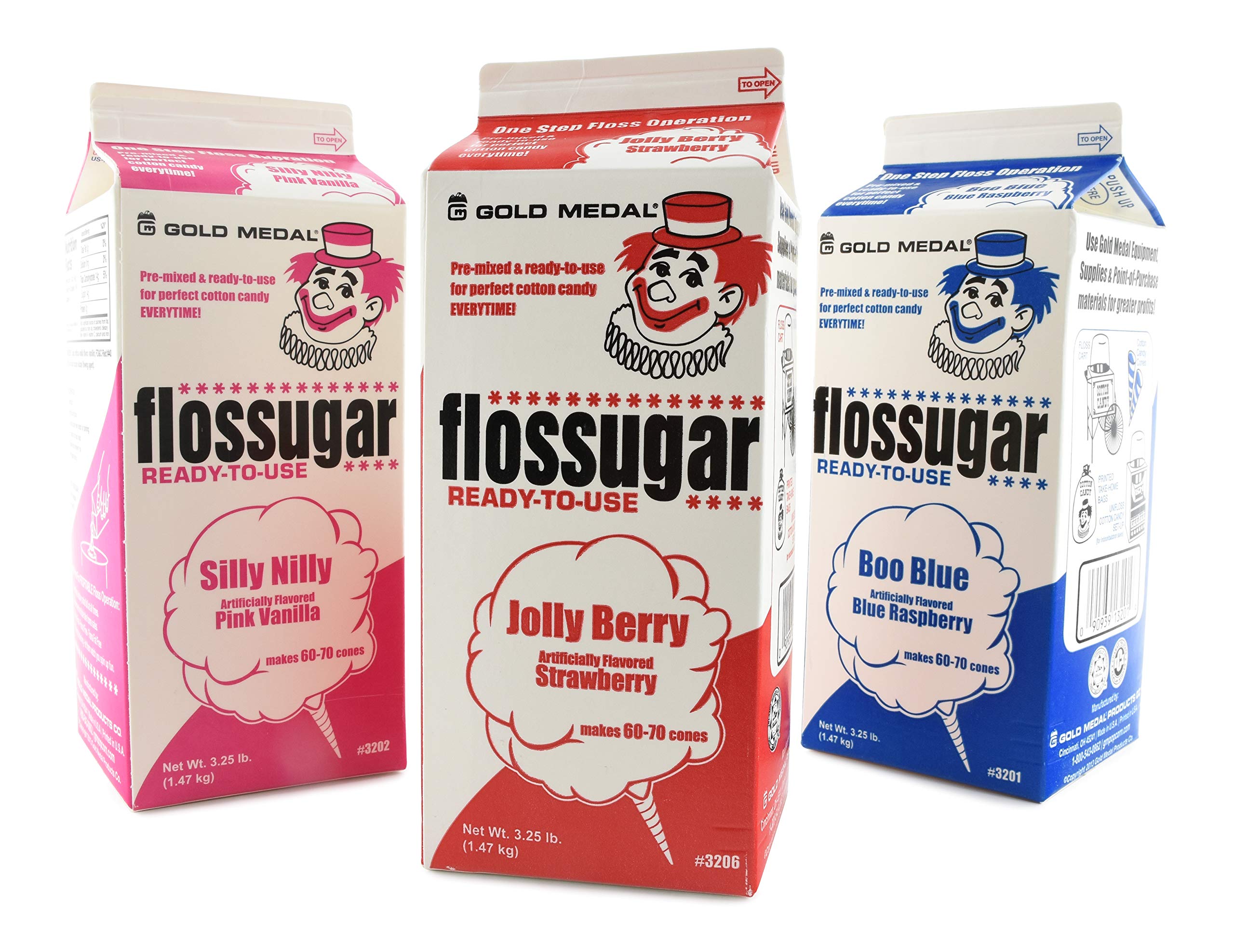 Cotton Candy Floss Sugar- Blue Raspberry, Pink Vanilla, Strawberry-1/2 Gallon-Three Pack