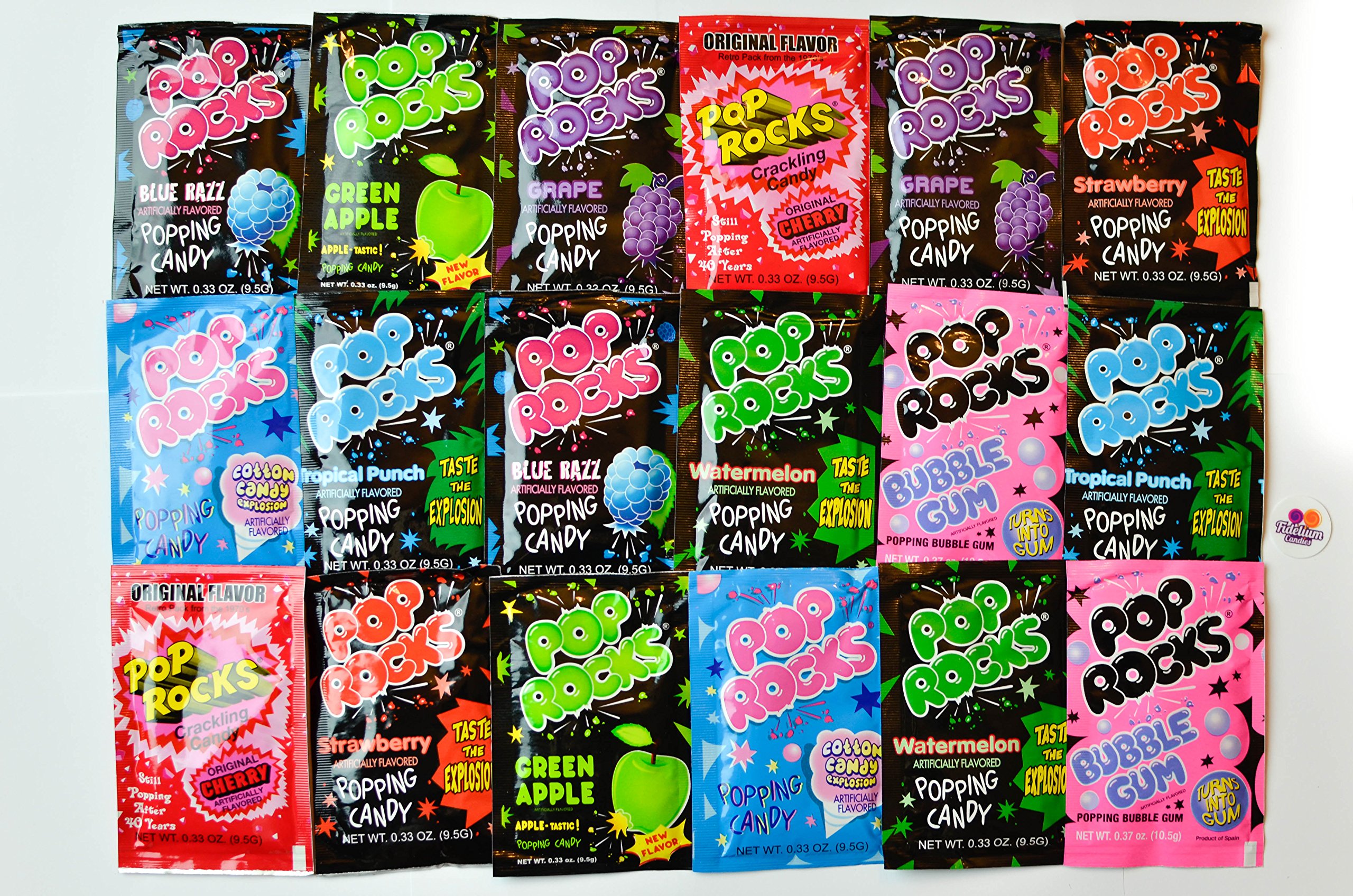 Pop Rocks Candy Ultimate 9 Flavor Assortment Bulk - Strawberry, Cherry, Tropical Punch, Watermelon, Blue Raspberry, Bubble Gum, Cotton Candy, Grape, Green Apple 18 Packs Total With Licensed Sticker