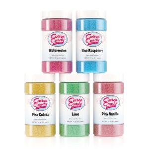 cotton candy express floss sugar variety pack 5 - 11oz plastic jars of lime, watermelon, pina colada, blue raspberry, pink vanilla flossing sugars. use with cotton candy express countertop machine