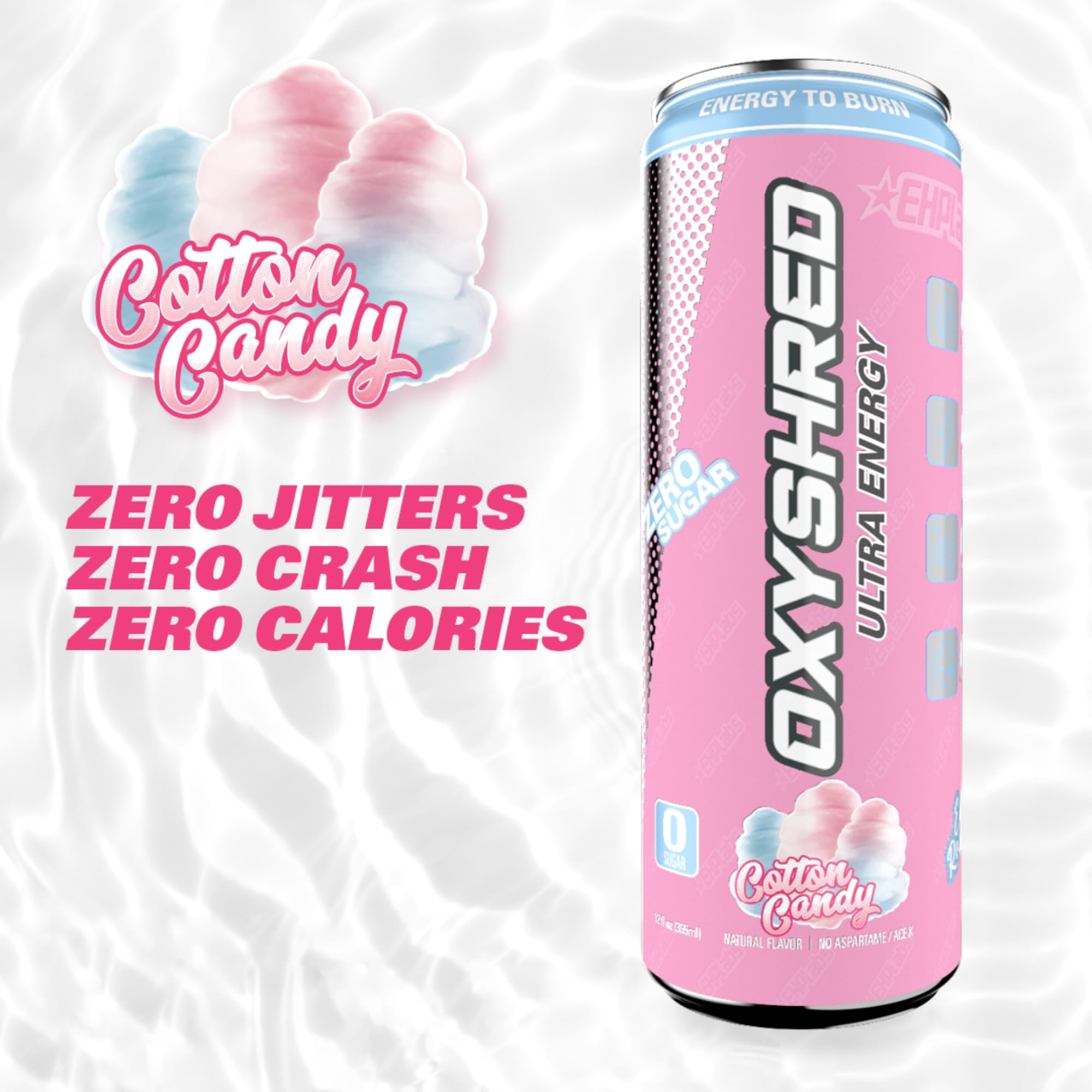 EHP Labs OxyShred Ultra Healthy Energy Drink - Zero Sugar Energy Drinks with Amino Acids, Green Tea Extract, Vitamin C & L Carnitine - Zero Carbs, Zero Calories, Clean Caffeine, Cotton Candy (12-Pack)