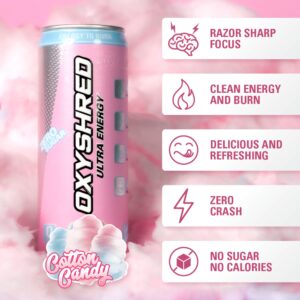 EHP Labs OxyShred Ultra Healthy Energy Drink - Zero Sugar Energy Drinks with Amino Acids, Green Tea Extract, Vitamin C & L Carnitine - Zero Carbs, Zero Calories, Clean Caffeine, Cotton Candy (12-Pack)