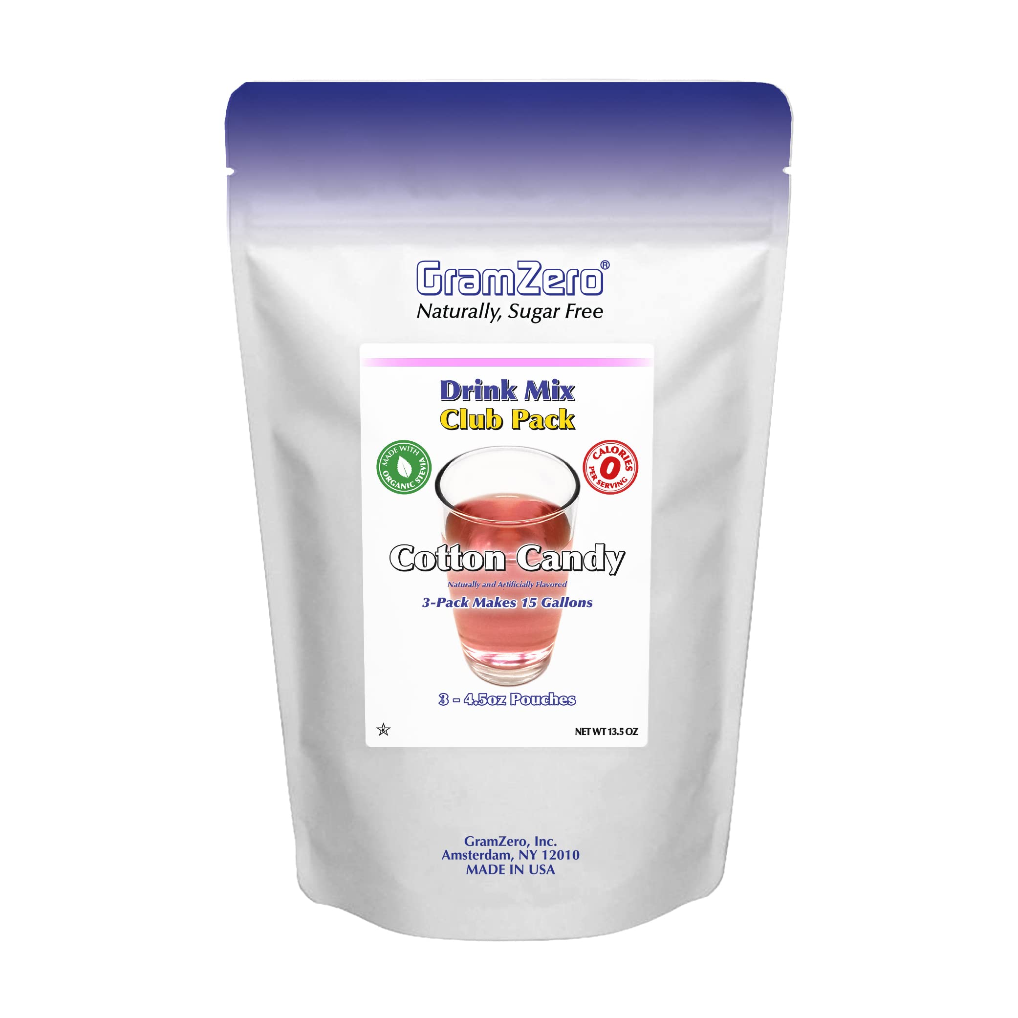 GramZero Cotton Candy Zero Calorie Sugar Free Drink Mix, Great For Nutrition Club Loaded Tea, Stevia Sweetened