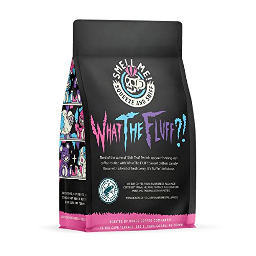 Bones Coffee Company What the Fluff?! Berry Cotton Candy, Low Acid Flavored Coffee Made with Arabica Coffee Beans, Dark Roast Coffee, Coffee Lover Gift Ideas (12 oz)