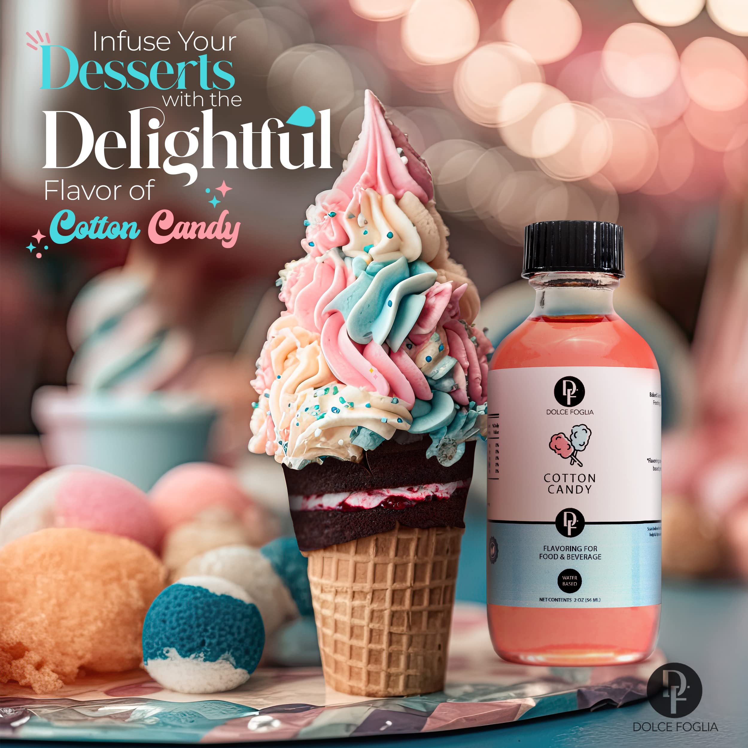 Dolce Foglia Cotton Candy Extract - 2 Ounce Water-Soluble Multipurpose Flavoring Ideal for Baked Goods, Beverages, Coffee, Desserts & Ice Cream - Cotton Candy Essence Perfect for Weight Management