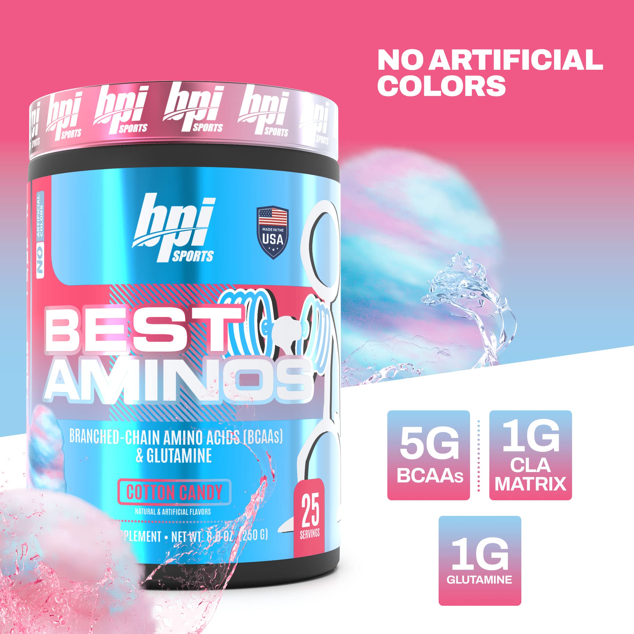 BPI Sports Best Aminos - BCAA Powder Post Workout & Glutamine Recovery Drink with Branched Chain Amino Acids for Hydration & Recovery, for Men & Women - Cotton Candy - 25 Servings