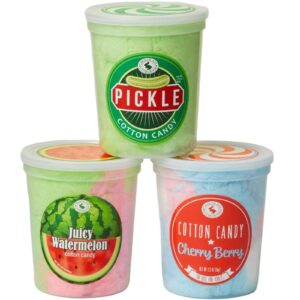 juicy bites cotton candy gift set of 3 pickle, cherry berry, juicy watermelon - unique ideas for holidays, birthdays, gag gifts, party favors