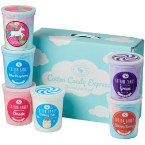 classic cotton candy candy gift box of 6 including unicorn tails, blue raspberry, classic pink, birthday cake, grape, cherry berry - unique ideas for holidays, birthdays, gag gifts, party favors