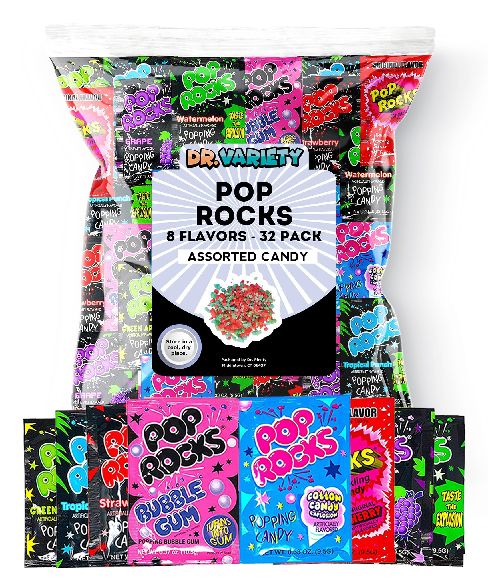 Pop Rocks Candy Variety Mix - 32 Pack of 8 Flavors - Retro Crackling Rock Candy - Bulk Pack Includes Tropical Punch, Bubble Gum, Cherry, and Much More