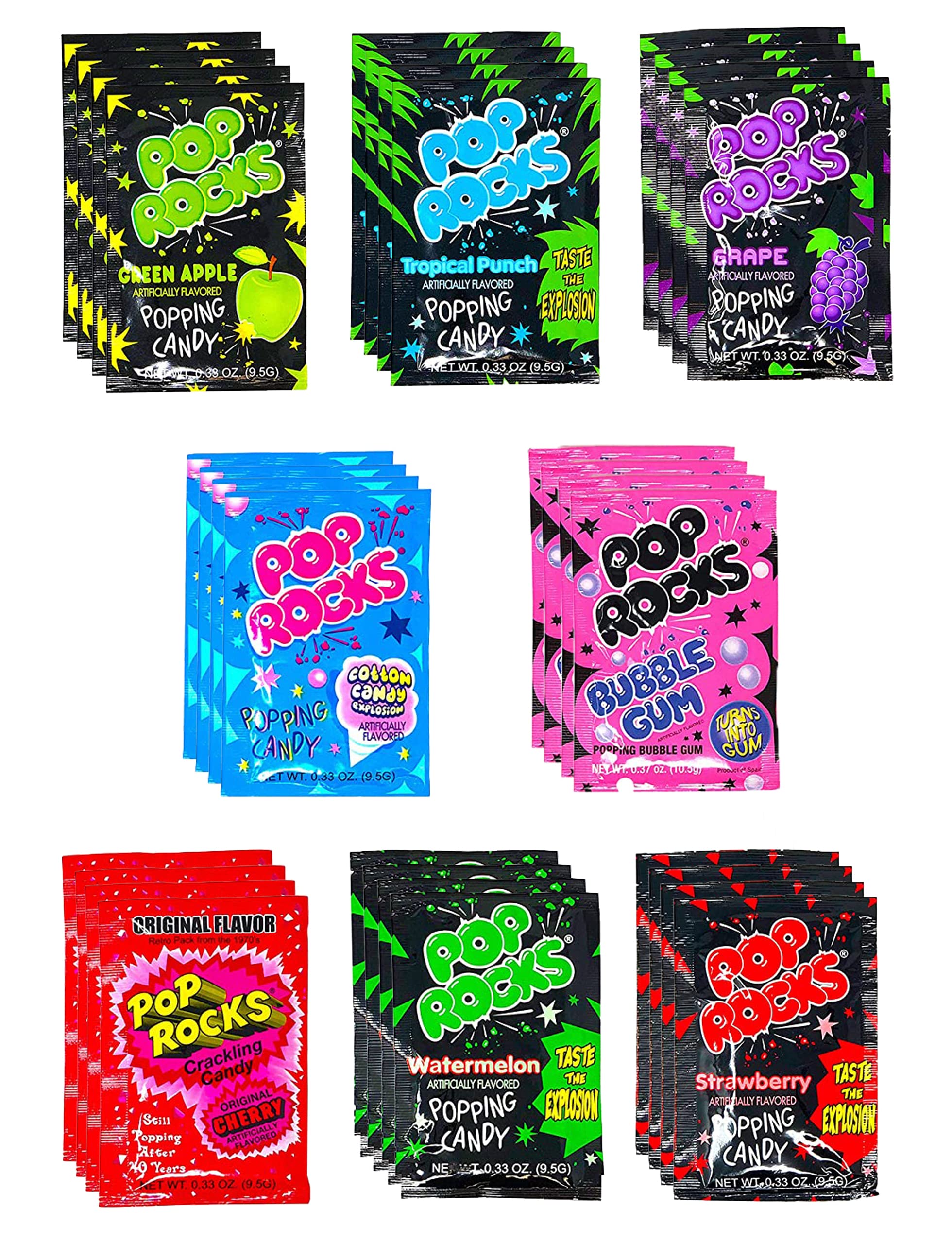 Pop Rocks Candy Variety Mix - 32 Pack of 8 Flavors - Retro Crackling Rock Candy - Bulk Pack Includes Tropical Punch, Bubble Gum, Cherry, and Much More