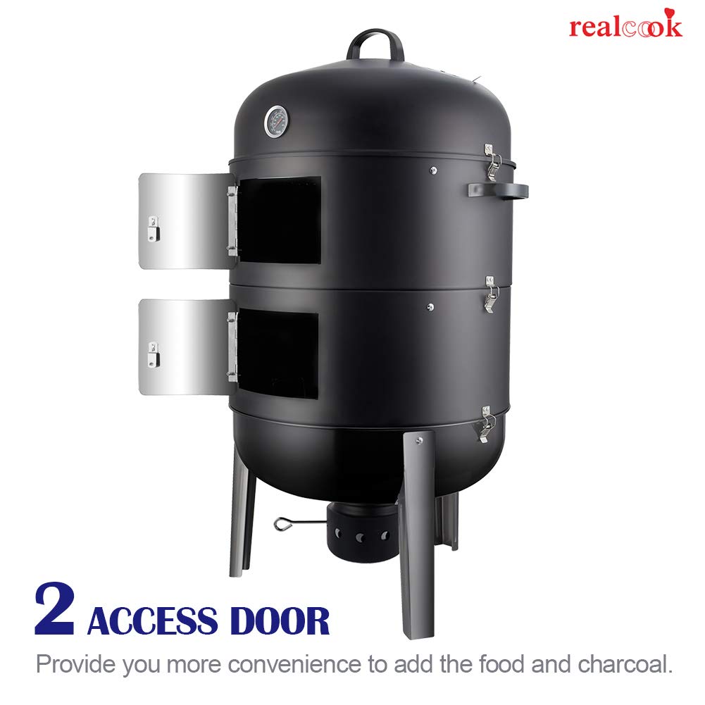 Realcook Charcoal BBQ Smoker Grill - 20 Inch Vertical Smoker for Outdoor Cooking Grilling