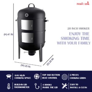 Realcook Charcoal BBQ Smoker Grill - 20 Inch Vertical Smoker for Outdoor Cooking Grilling