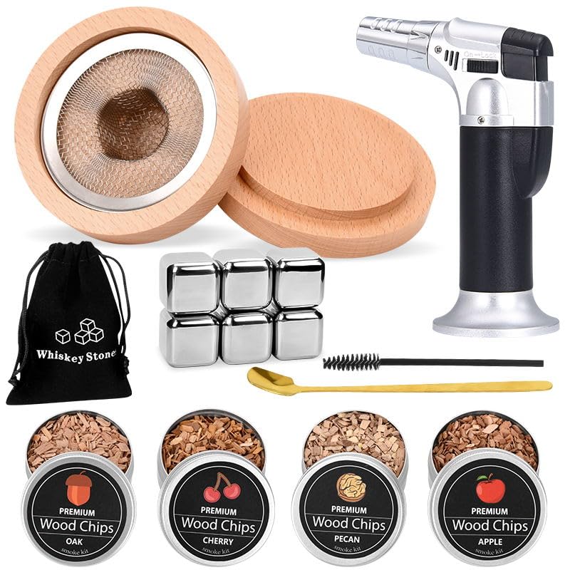 AMESEDAK Cocktail Smoker Kit with Torch, Old Fashioned Bourbon & Drink Smoker Infuser Kit with 4 Flavors Wood Chips for Cocktail, Whiskey, Wine, Bourbon, Gifts for Men,Husband, Dad (No Butane)