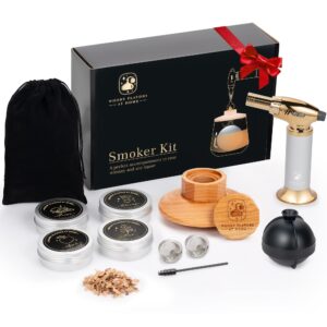 woody flavors at home cocktail smoker kit – drink smoker bartender kit with torch, sphere ice molds, aromatic wood chips – professional bourbon smoker kit for cocktails, whiskey. butane not included