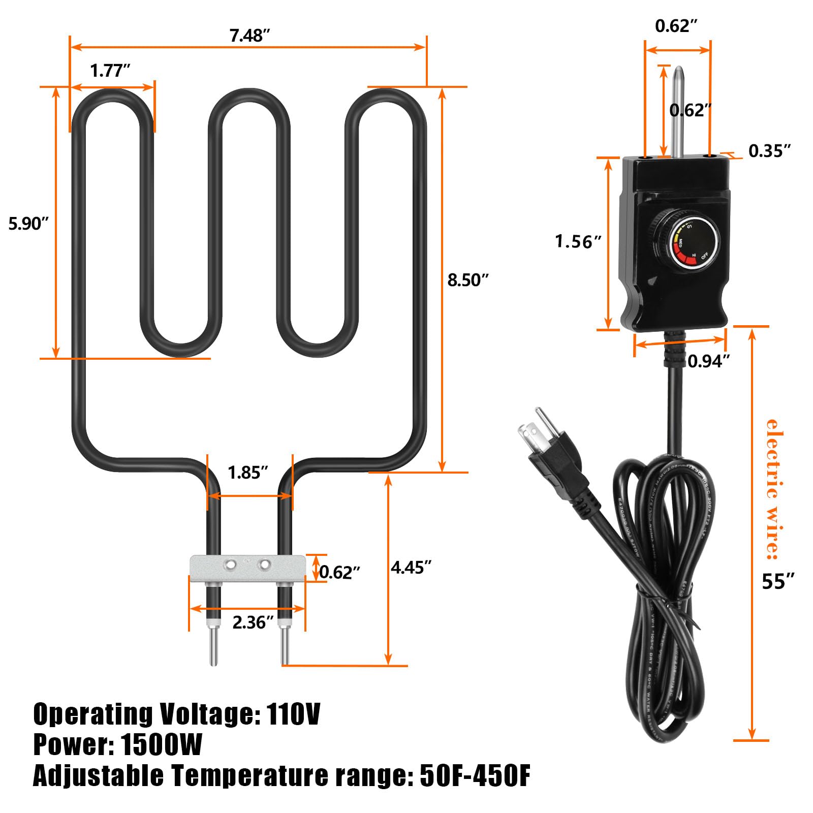 Hisencn Grill Heating Element Replacement Parts for Masterbuilt 30-inch Electric Smokers 20070210/MB20070210, with Adjustable Thermostat Cord Controller for Most Smokers and Grills 1500 Watt 110 Volt