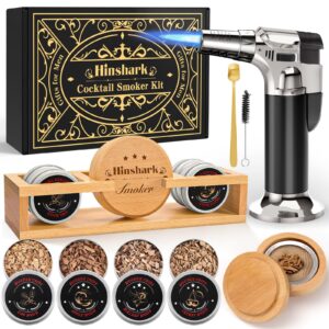 hinshark cocktail smoker kit with torch & stand - 4 flavors wood chips for old fashioned smoker kit, bourbon whiskey gifts for men, christmas gifts for men, dad, husband, grandpa (no butane)