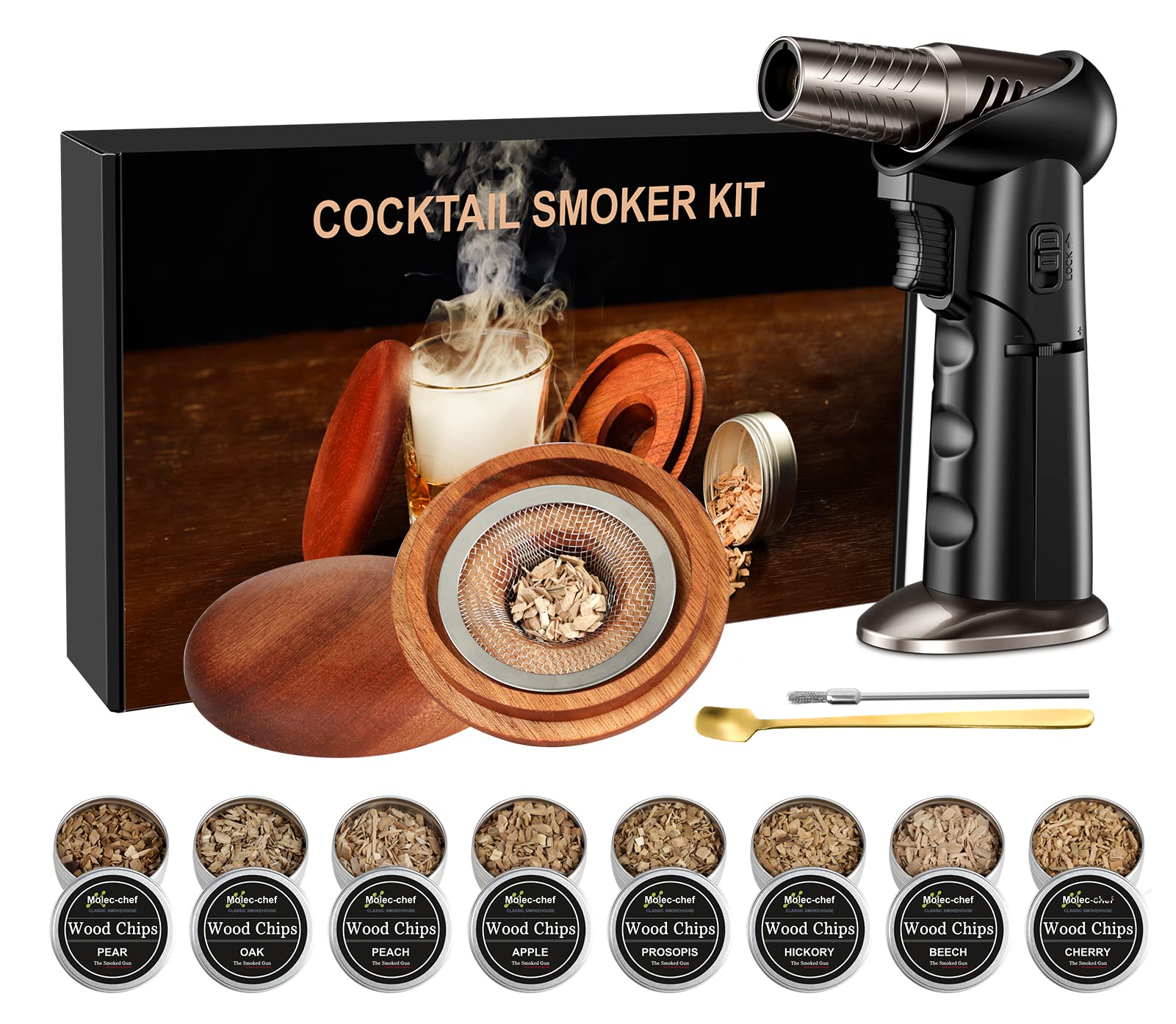 Cocktail Smoker Kit with Torch, [8 Flavors Wood Chips] Domxty Old Fashioned Cocktail Kit/Bourbon/Whiskey Smoker Infuser Kit for Coffee and Flavor Drink, Gifts for Men, Father & Husband (No Butane)