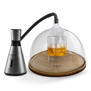 the mixologer cocktail smoker kit | whiskey & drink smoker infuser | stainless steel smoker, dome, wood plate & 3 wood chips | ideal to prepare elegant smoky cocktails at home |