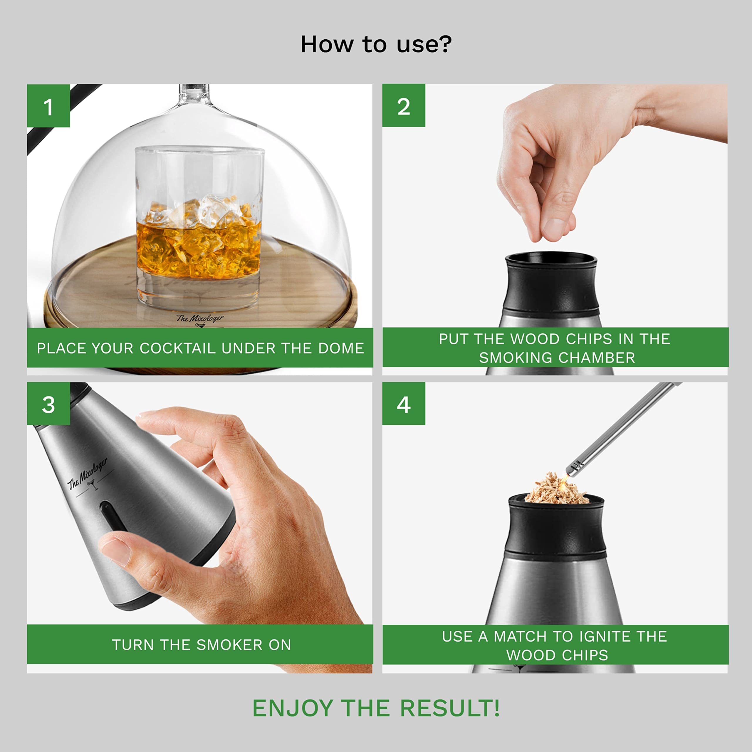 The Mixologer Cocktail Smoker Kit | Whiskey & Drink Smoker Infuser | Stainless Steel Smoker, Dome, Wood Plate & 3 Wood Chips | Ideal to Prepare Elegant Smoky Cocktails at Home |