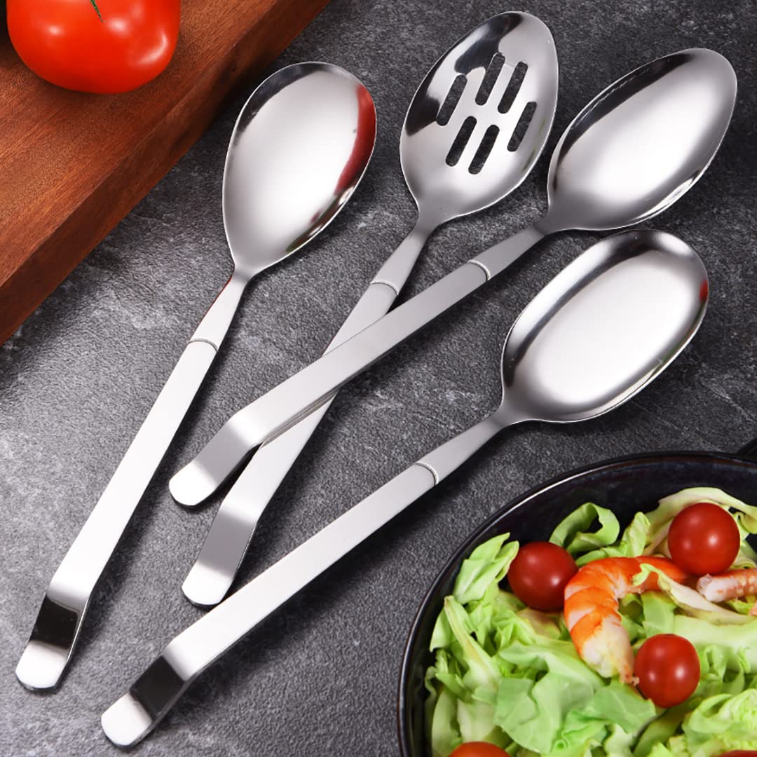 AXIAOLU 4 Pieces X-Large 11-Inch Stainless Steel Serving Spoon Set with Slotted Spoon, Pointed Serving Spoon, Round head Serving Spoon and Deepened Serving Spoon for Buffet Banquet Flatware