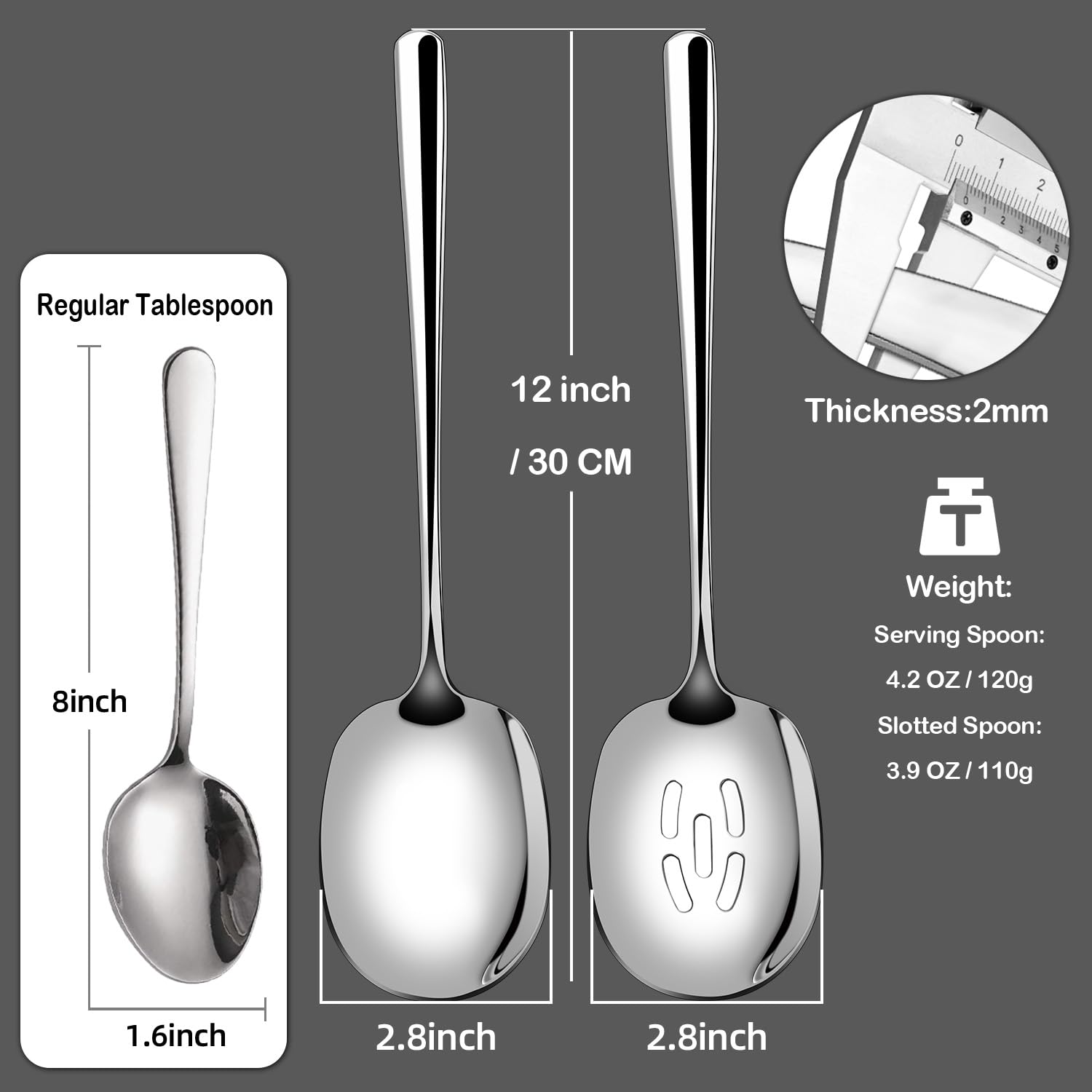 SOLEADER X-Large Serving Spoons Set,12 Inch Slotted Spoon and Serving Spoon,Spoons Silverware,Cooking Spoon,Pasta Spoon,Mixing Spoon,Buffet Serving Utensils,Foodgrade 18/8 Stainless Steel,Pack of 6