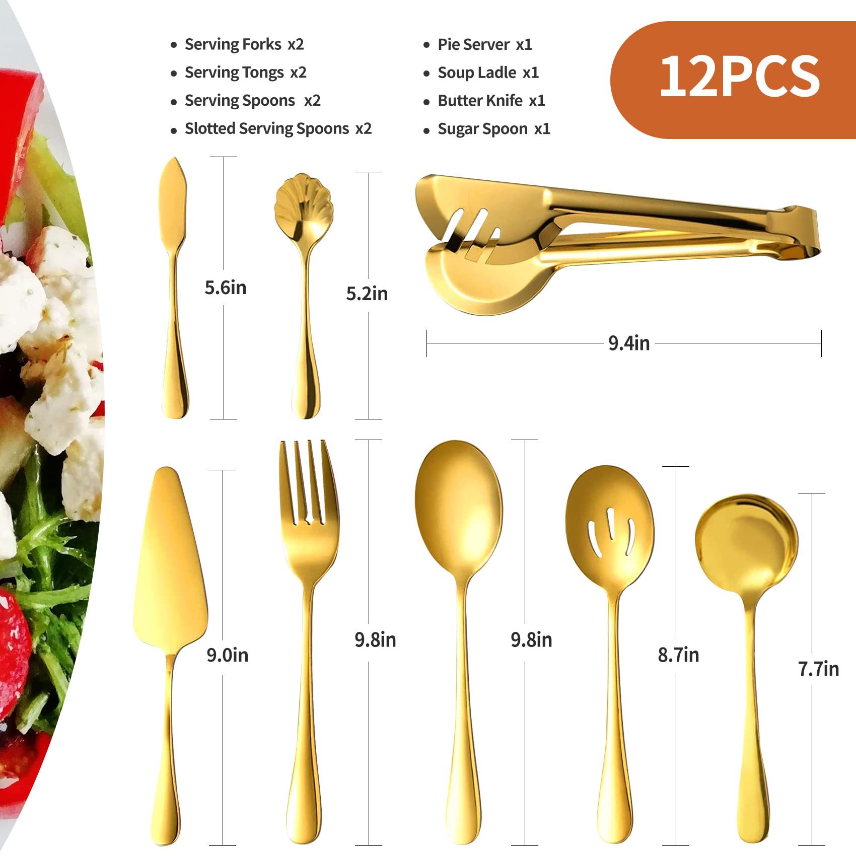 MACIFECI Gold Serving Utensils Set of 12, Stainless Steel Serving Sets with, 9.8''Serving Forks, Slotted Spoons, Tongs, Ladle, Butter Knife, Pie, Serving Utensils in Gold for Parties,Buffet, Wedding