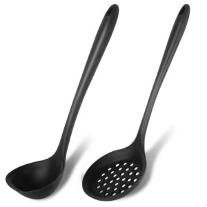 silicone soup ladle spoon set of 2,silicone nonstick large skimmer slotted spoons,kitchen ladle strainer spoons heat resistant cooking utensil for cooking stirring serving draining frying