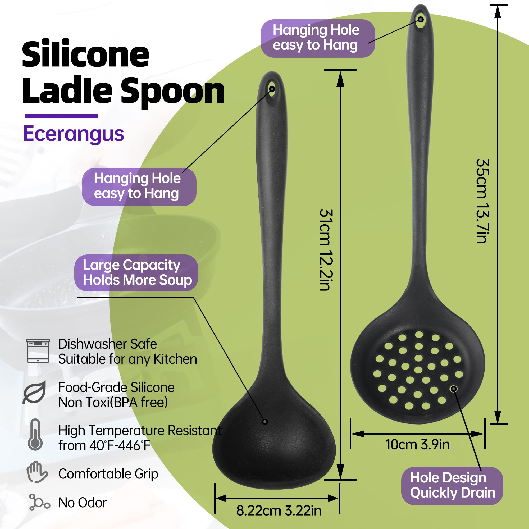 Silicone Soup Ladle Spoon Set of 2,Silicone Nonstick Large Skimmer Slotted Spoons,Kitchen Ladle Strainer Spoons Heat Resistant Cooking Utensil for Cooking Stirring Serving Draining Frying