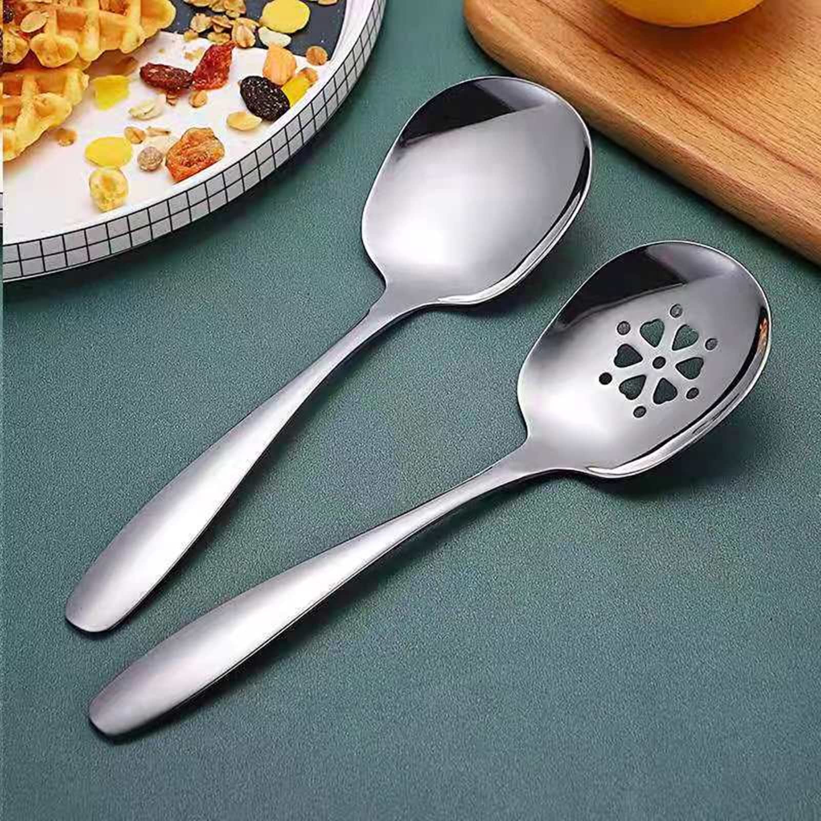 Serving Spoons,ToppingBest Slotted Spoon 304 Stainless Steel Soup Spoons for Buffet Party Restaurant Banquet Metal Comically Large Spoon,Serving Utensils Dishwasher Safe (Silver)