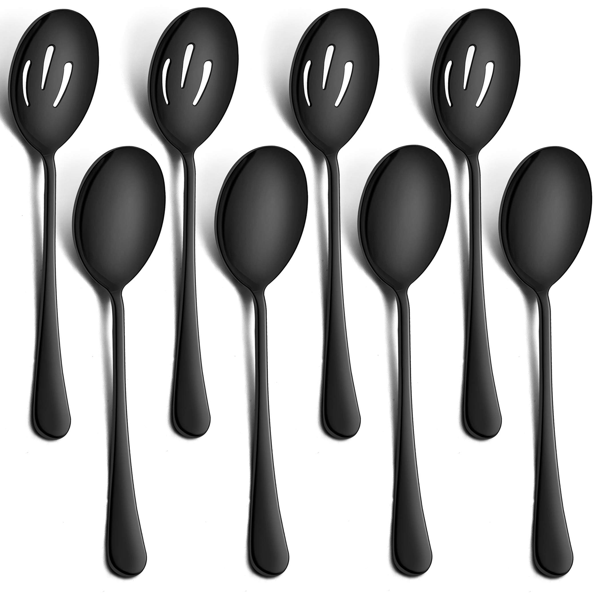 LIANYU 8 Pack Large Black Serving Spoons, Black Slotted Serving Spoons, 9.8 Inch Stainless Steel Serving Utensils Spoon Set for Banquet Catering Buffet Dinner Restaurant Party