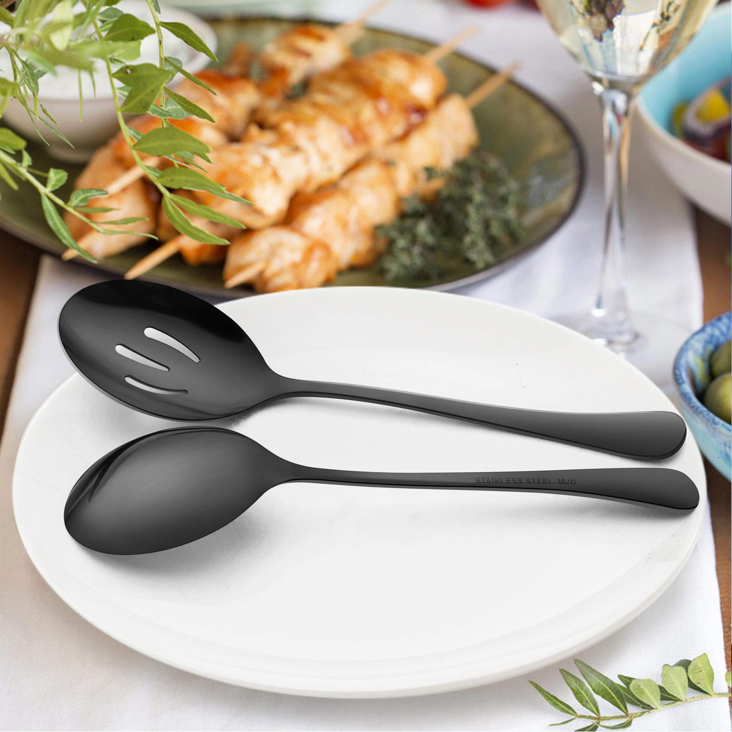 LIANYU 8 Pack Large Black Serving Spoons, Black Slotted Serving Spoons, 9.8 Inch Stainless Steel Serving Utensils Spoon Set for Banquet Catering Buffet Dinner Restaurant Party