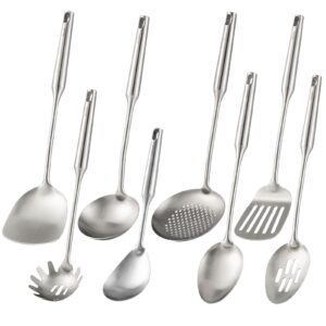 304 stainless steel kitchen utensils set - 8 pcs all metal cooking tools with spatula, solid spoon, slotted spoon, ladle, skimmer slotted spoon, slotted spatula tunner, spaghetti spoon, large spoon