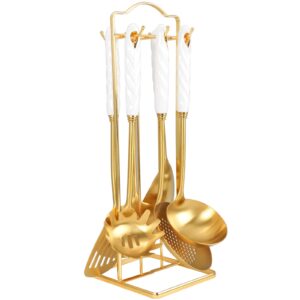 cooking utensils set with holder,7 pc 304 stainless steel high-grade gold cooking kitchen utensil set with ceramic handle,spatula,turner spatula,ladle,serving spoon,slotted spoon,pasta server (white)