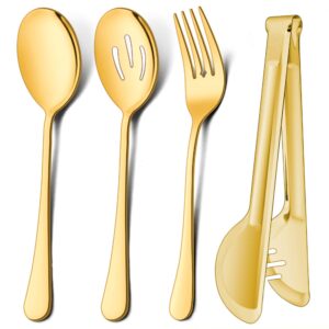 lianyu 3 large gold serving spoons, 3 gold slotted serving spoons, 3 gold serving forks, 3 gold serving tongs, 9.8 inch stainless steel buffet catering serving spoons forks set, dishwasher safe