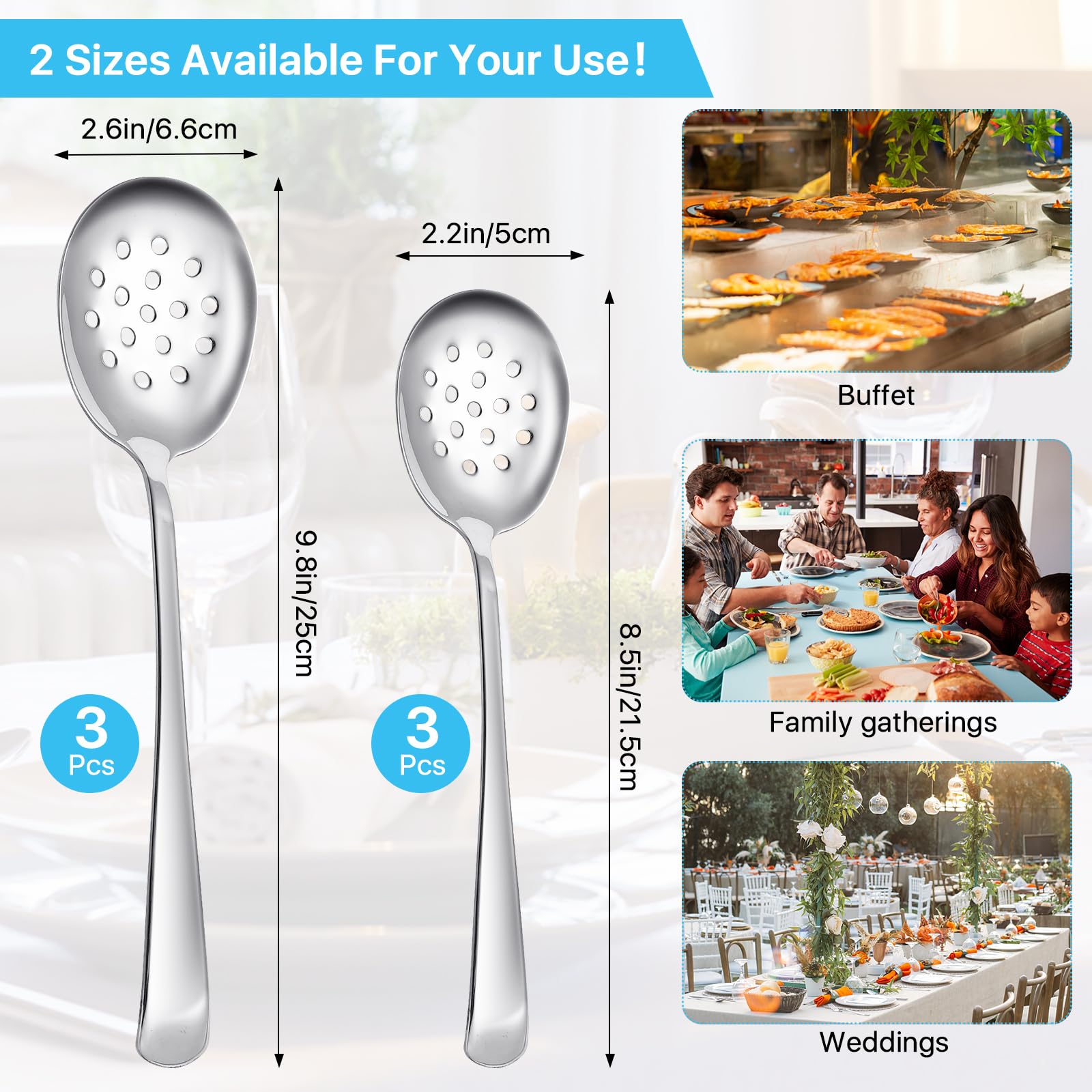 Aemygo 2 Sizes Serving Spoons Set, 9.8in 8.5in Stainless Steel Slotted Serving Spoon Metal Buffet Spoon Large Cooking Skimmer Utensils Cutlery for Party Home Kitchen (6 Pieces)