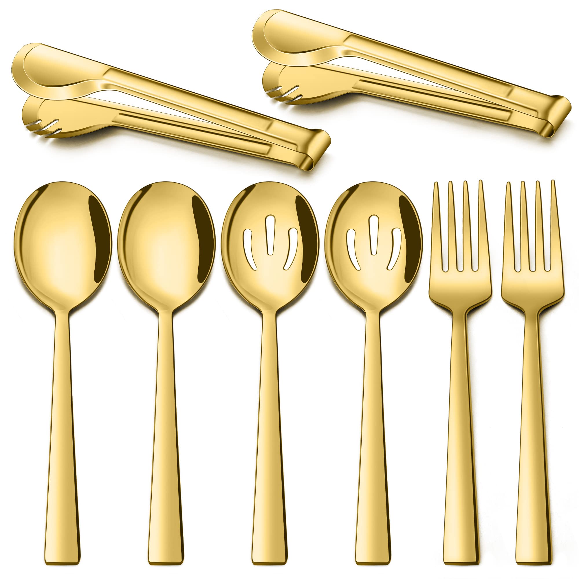 LIANYU Gold Serving Utensils Set of 8, Stainless Steel Serving Spoons, Slotted Spoons, Serving Forks, Metal Tongs for Kitchen Buffet Party Banquet Entertaining, Mirror Finished, Dishwasher Safe