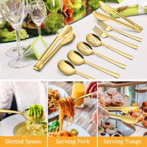 LIANYU Gold Serving Utensils Set of 8, Stainless Steel Serving Spoons, Slotted Spoons, Serving Forks, Metal Tongs for Kitchen Buffet Party Banquet Entertaining, Mirror Finished, Dishwasher Safe